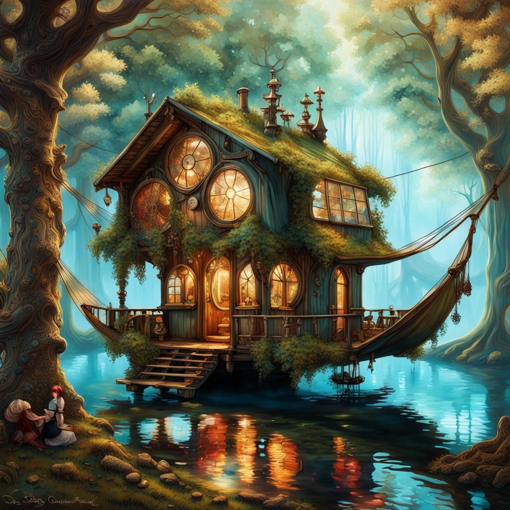 Whimsical, fairycore, steampunk treehouse cabin and hammock. - AI Generated Artwork - NightCafe ...