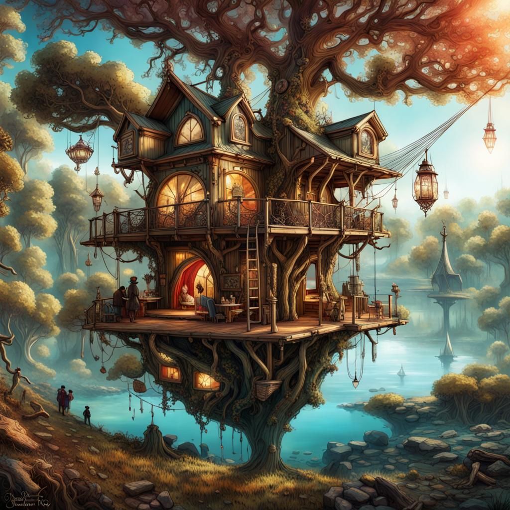 Whimsical, fairycore, steampunk treehouse cabin and hammock. - AI Generated Artwork - NightCafe ...