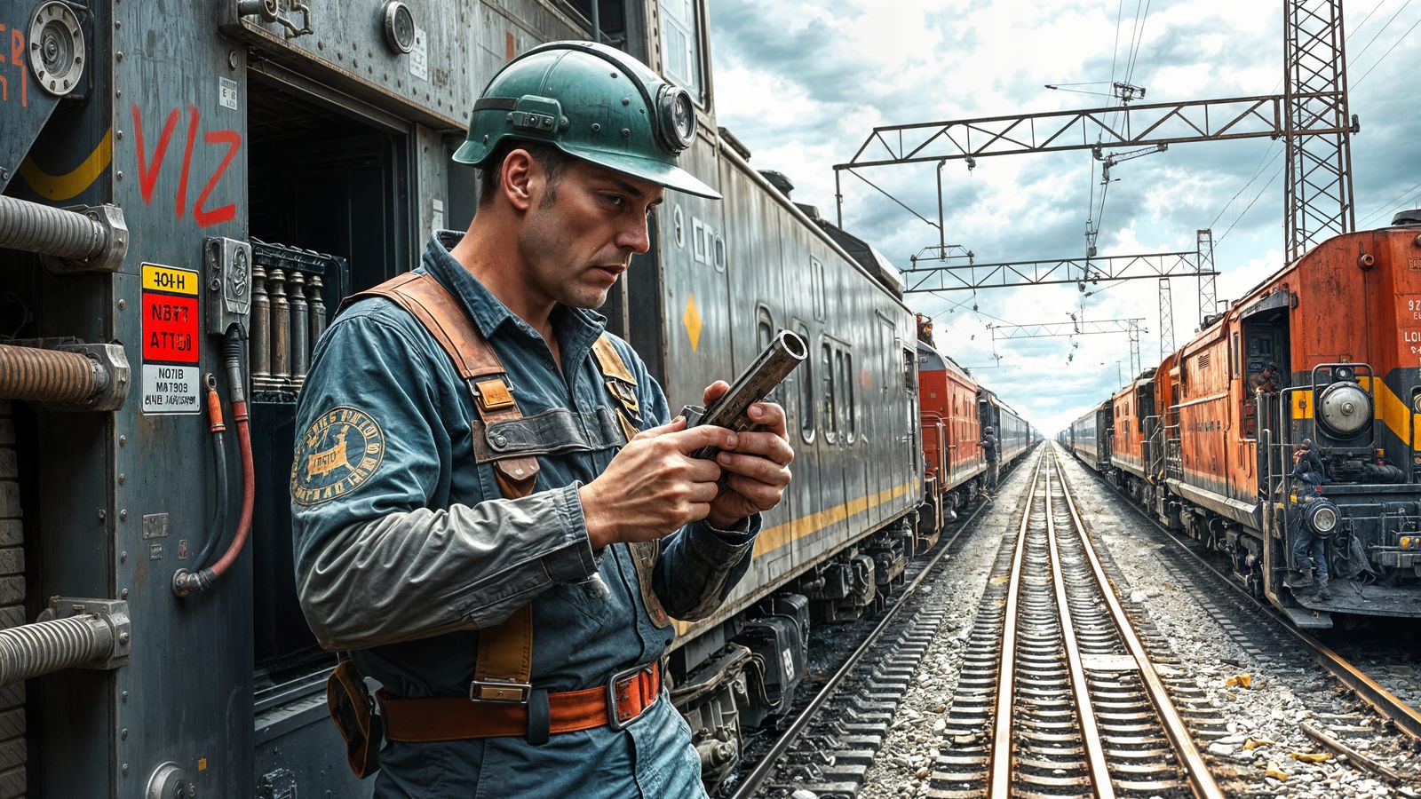 railroad engineer, repairing a modern diesel electric locomotive in a ...