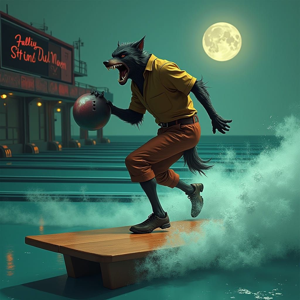 Werewolf Strikes in Retro-Futuristic Bowling Alley - AI Art