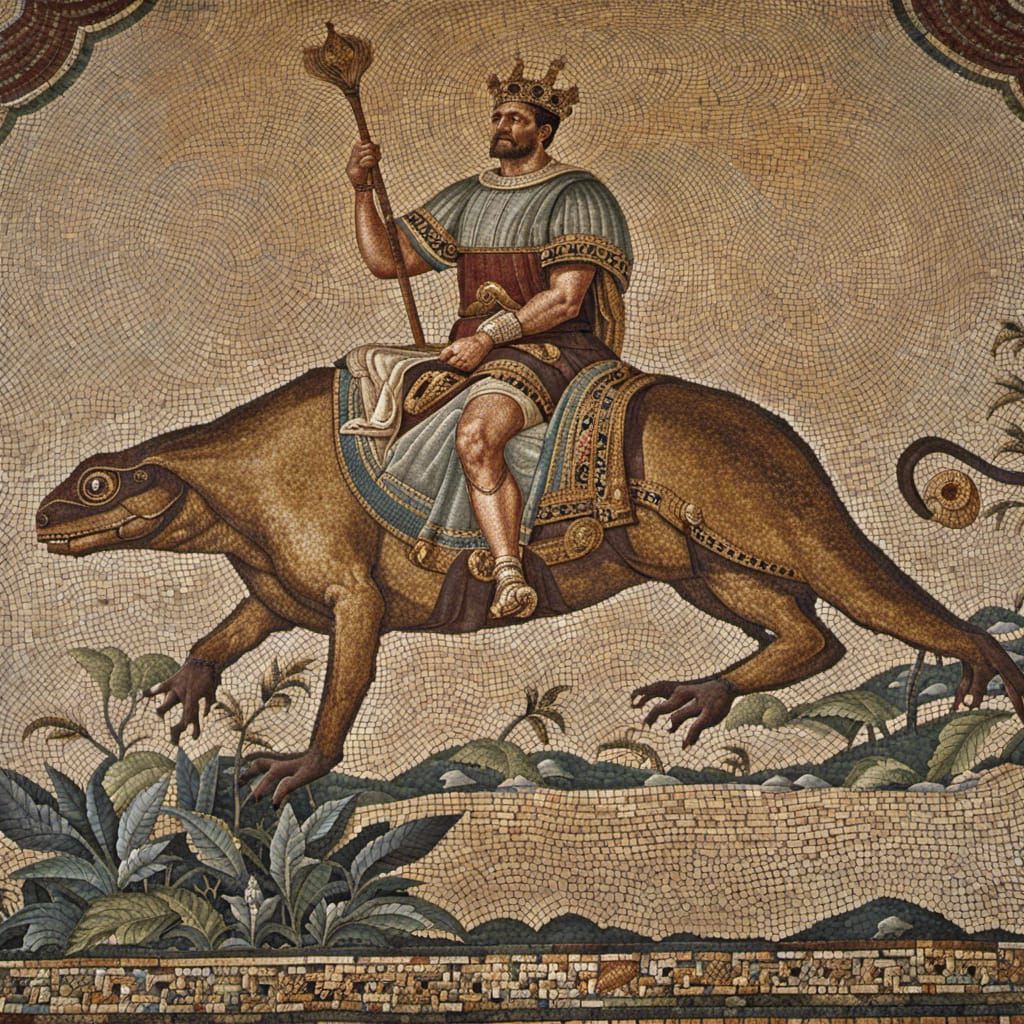 A lavish, well-preserved Roman mosaic of a Roman Emperor riding a giant ...
