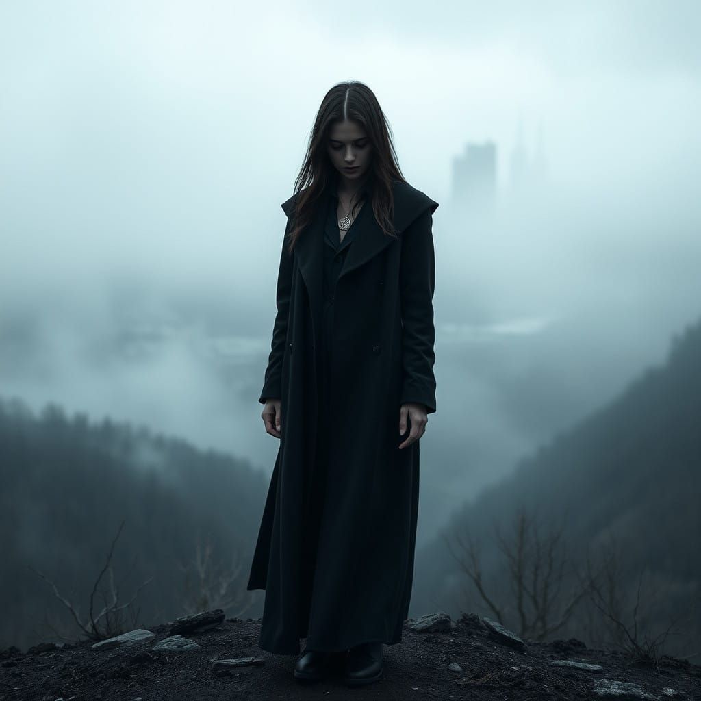 Mysterious Woman Stands at Edge of Desolate World - AI Art