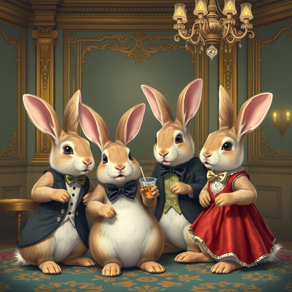 Formal Rabbits Celebrate in Elegant Ballroom - AI Art