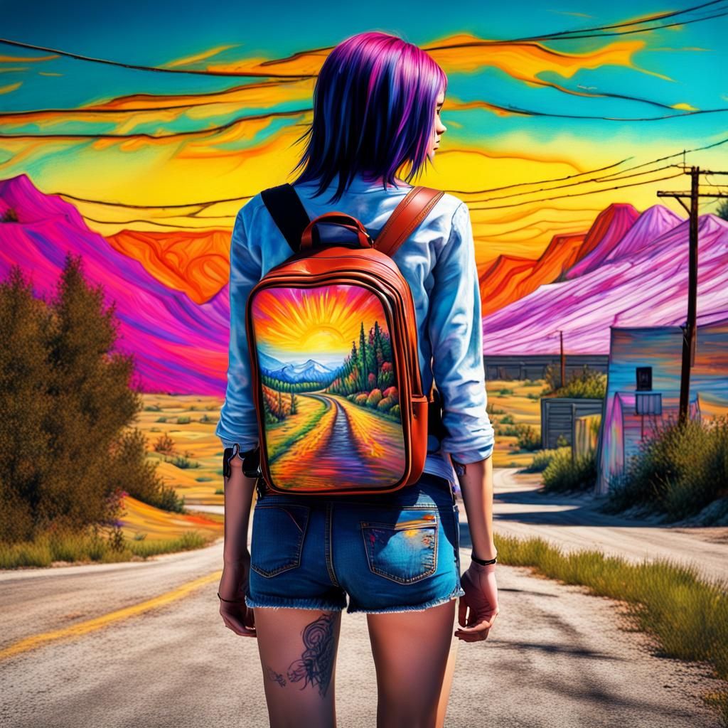 the back of a beautiful emo girl to the side of the image hitchhiking ...
