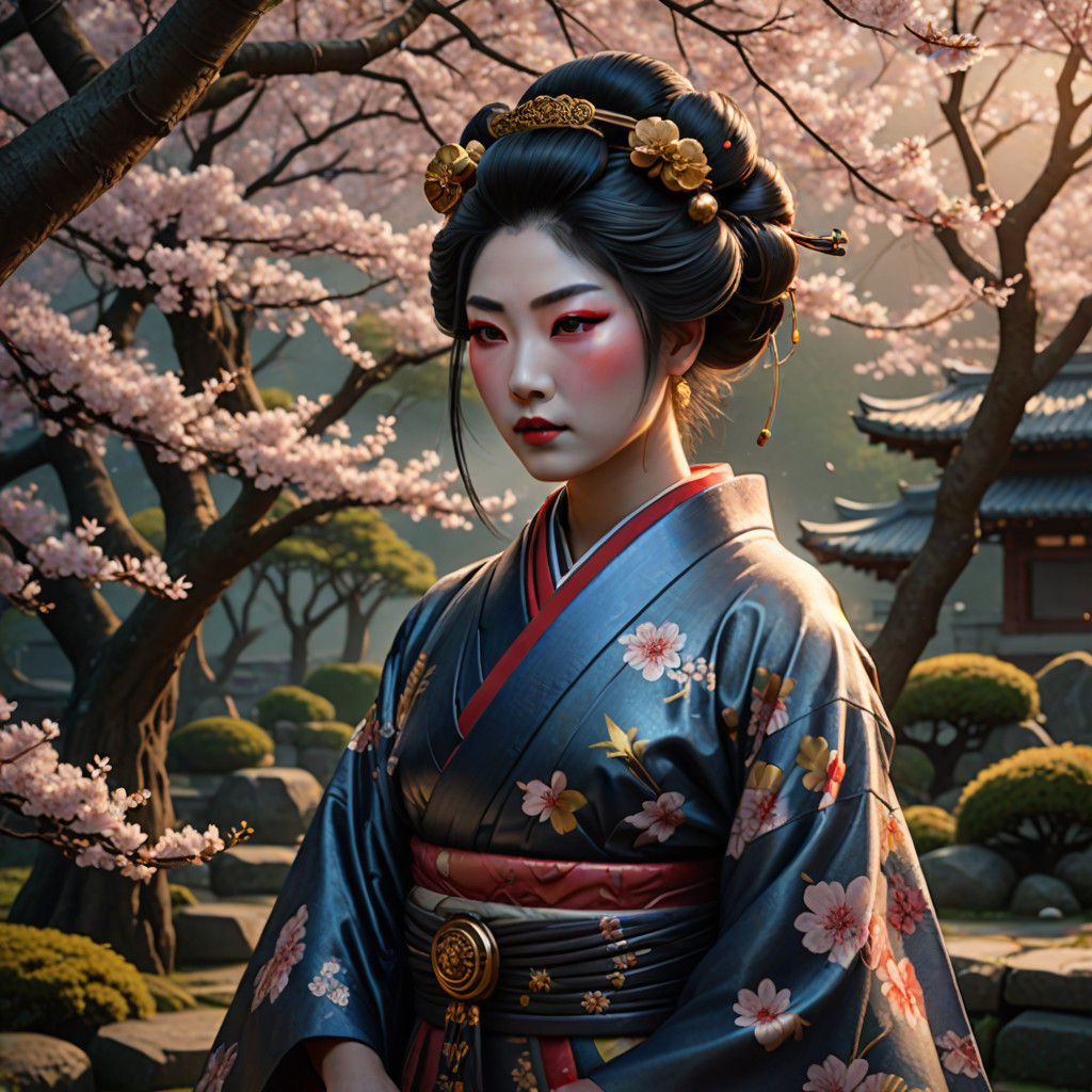 Serene Fantasy Geisha in Moonlit Cherry Blossom Ga... - AI Art