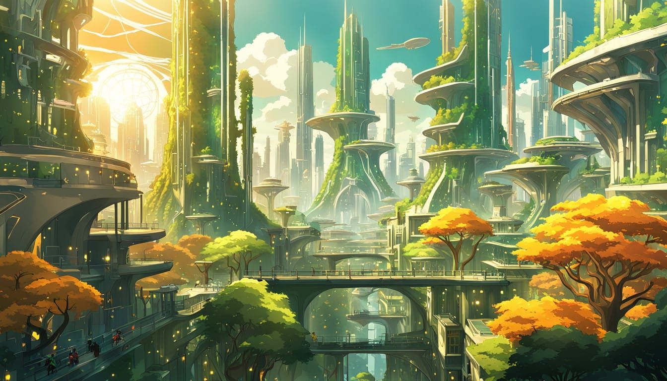Surreal Solarpunk City in Vibrant Anime Style - AI Art