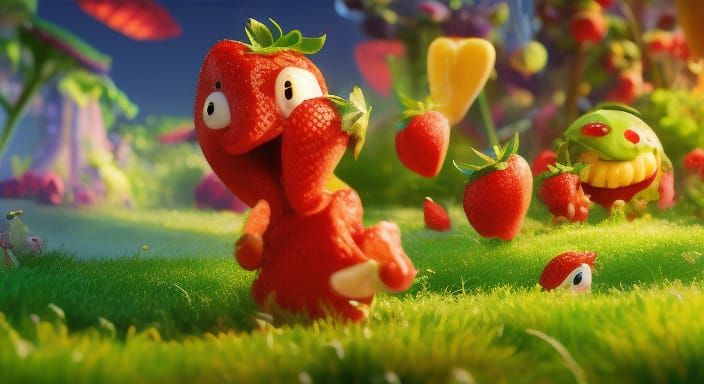 frightened STRAWBERRIES! running from an angry Strawberry-Pie! monster ...