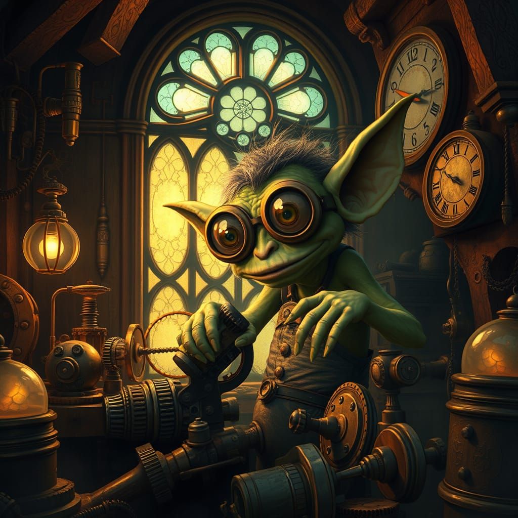 A mischievous gremlin with oversized goggles tinkering with a ...