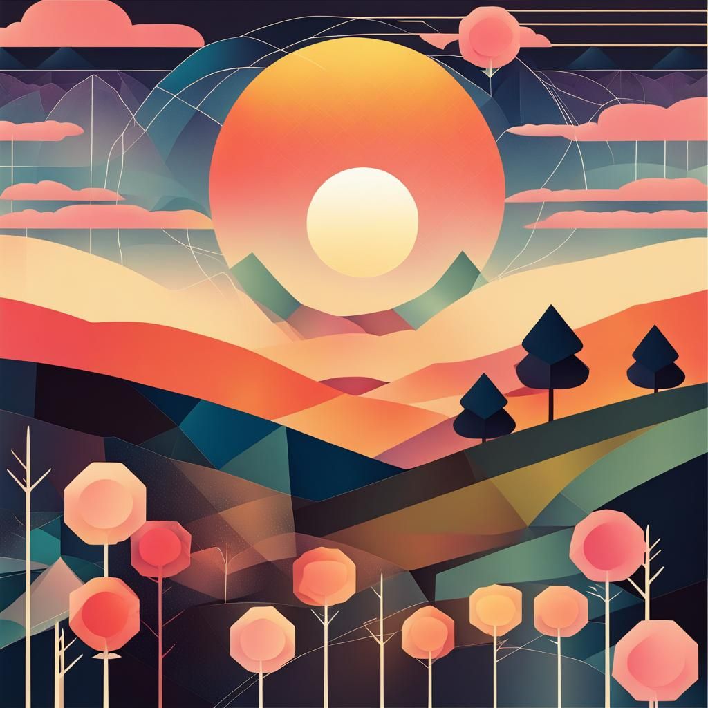 Geometric abstract landscape, trees, flowers, sunset sky - AI Generated ...