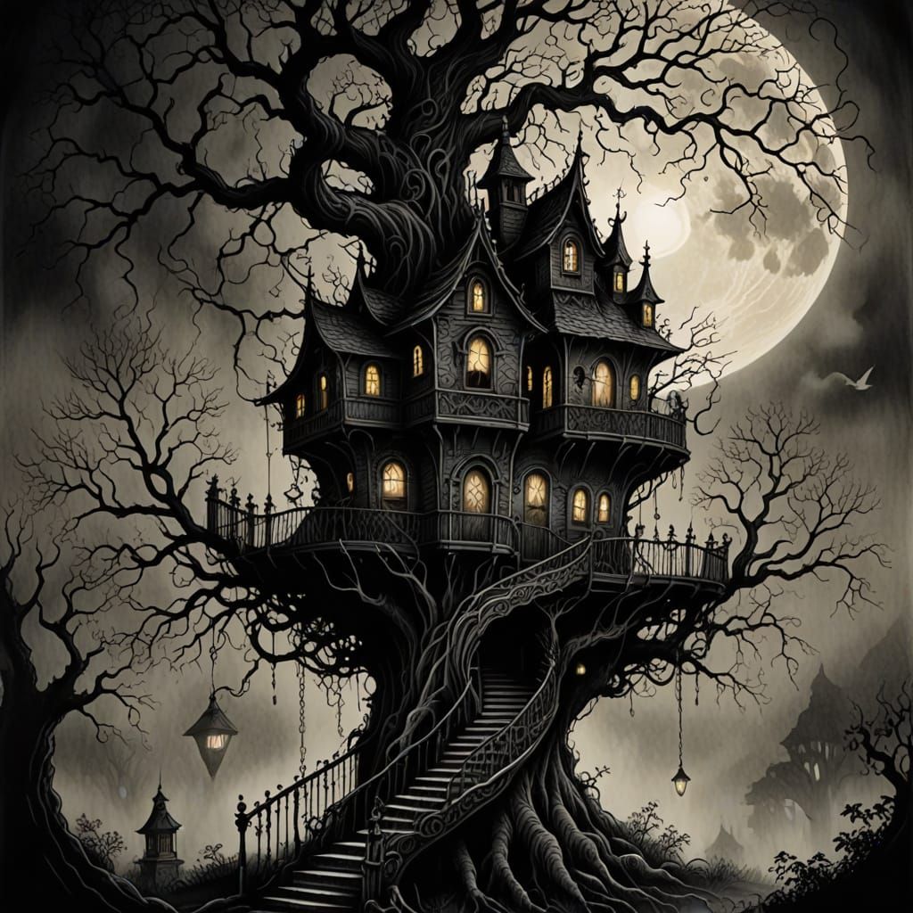 Gothic Whimsy in a Spiraling Treehouse at Night - AI Art