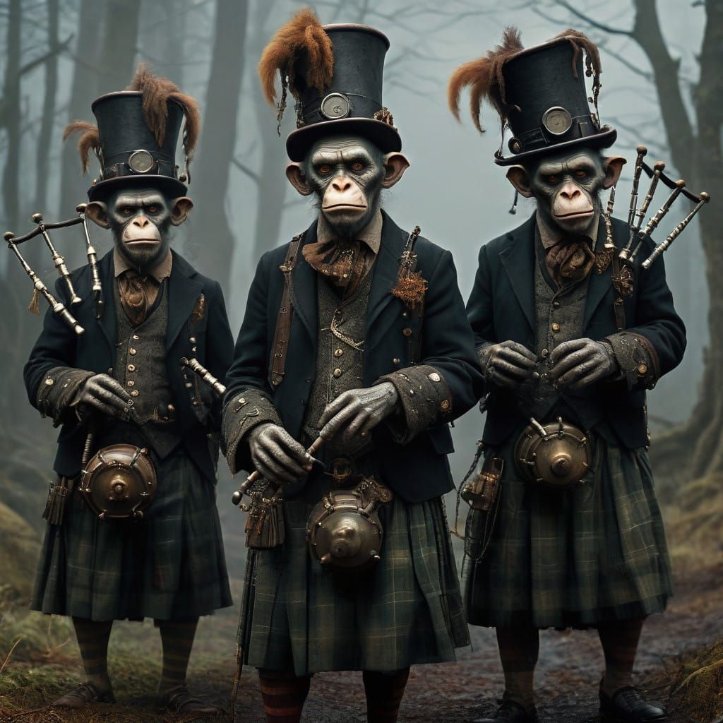 Zombie Monkey Monster Clowns Play Bagpipes in Haun... - AI Art