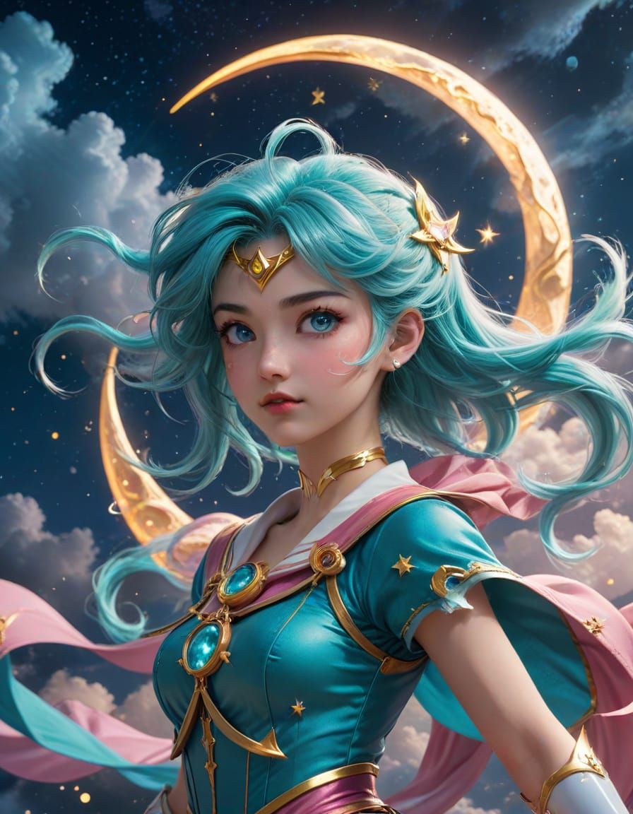Artemis Aria - Magical Girl Soars on Crescent Moon in Vibran...