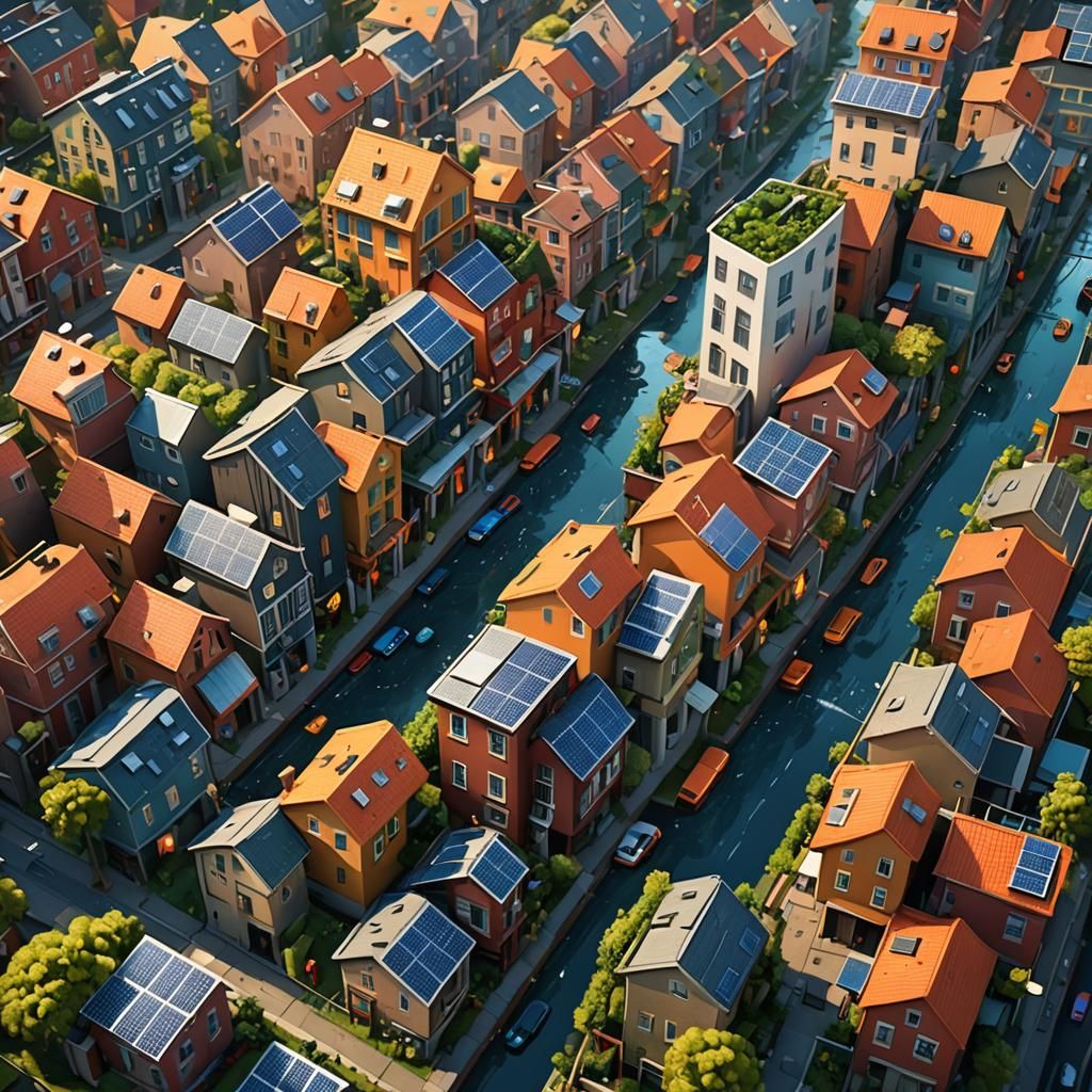 Stylized city with several houses illustrated to highlight sustainable ...