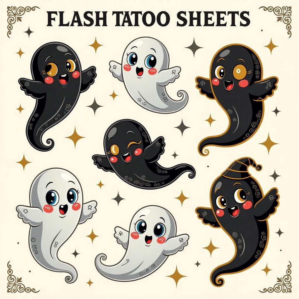Cartoon Ghost Tattoo Flash Sheet in Sfumato Style - AI Art