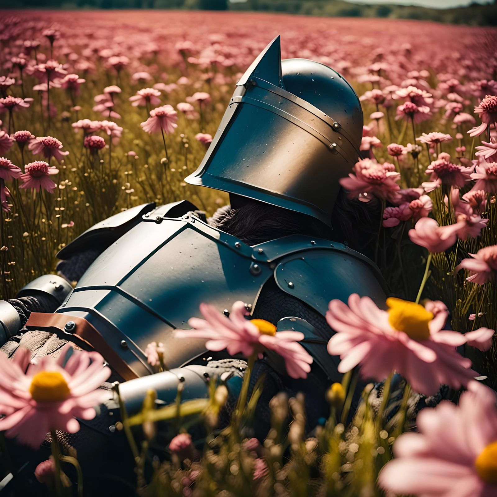 knight laying in a flower field on a sunny day, three quarters view ...