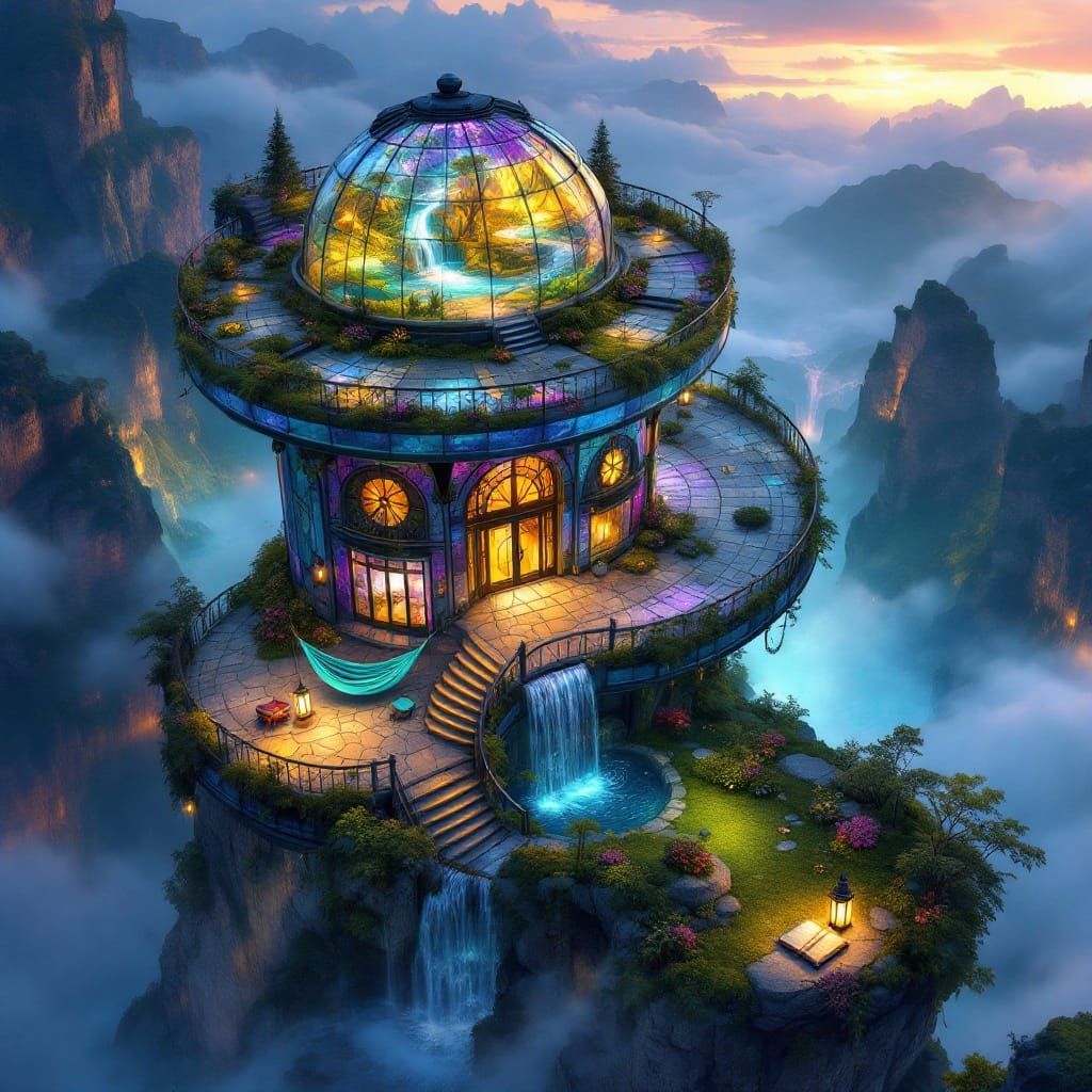 Surreal Stained Glass Observatory with Tranquil Ga... - AI Art