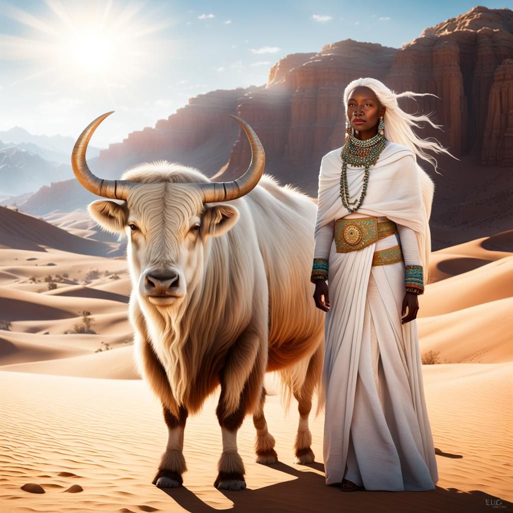 Albino Yak - Majestic Albino Yak in Golden Desert Landscape