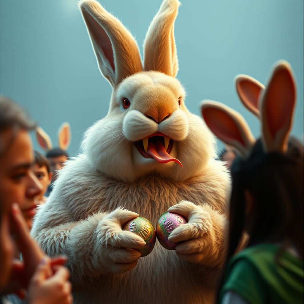 Giant Fluffy Monster Rabbit Feeds Easter Treats - AI Art
