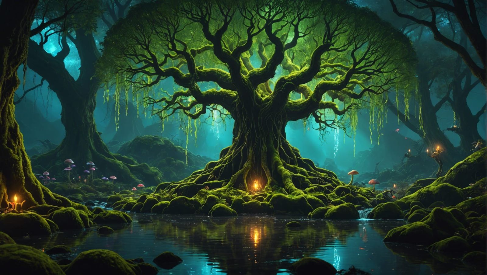 fantastical scenes featuring enchanting dark fantasy forest. A huge glowing willow tree of life ...