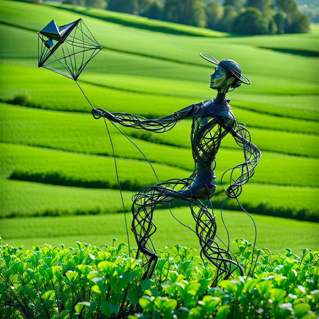 a man flying a kite on top of a lush green field, an abstract sculpture ...