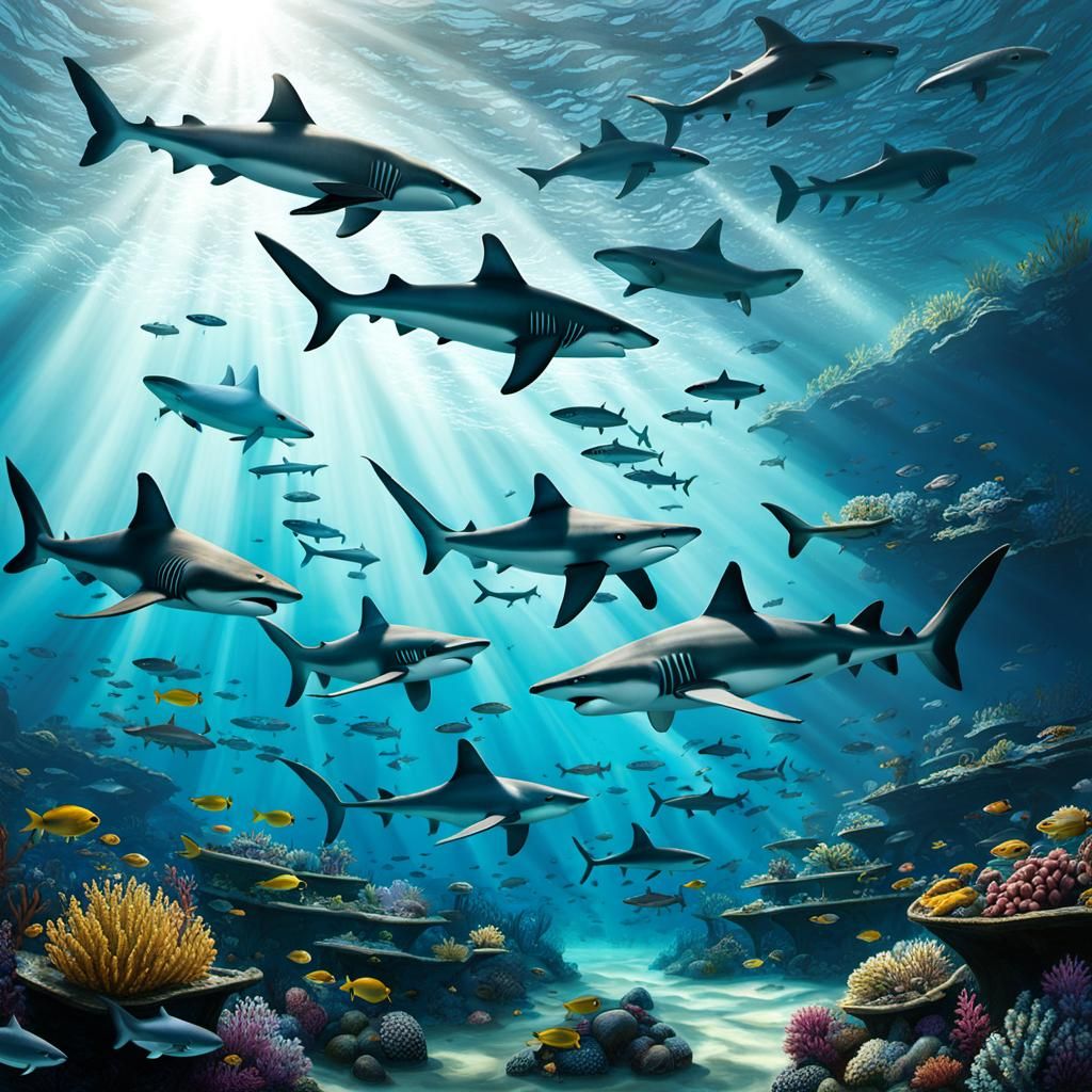 Under the sea, school of sharks on a feeding frenzy, sunken ships ...