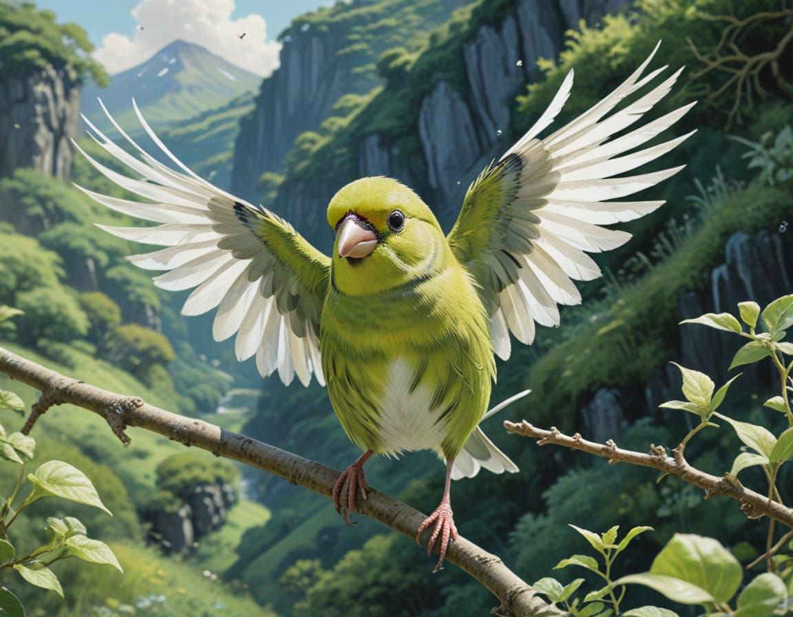 Anime-Inspired Finch Soars Over Serene Landscape - AI Art