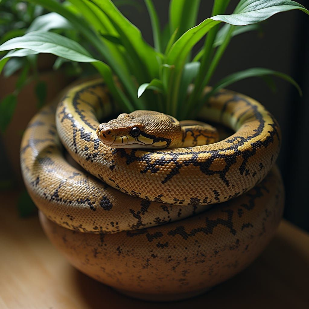 Royal Python Entwines Ceramic Pot with Lush Green ... - AI Art