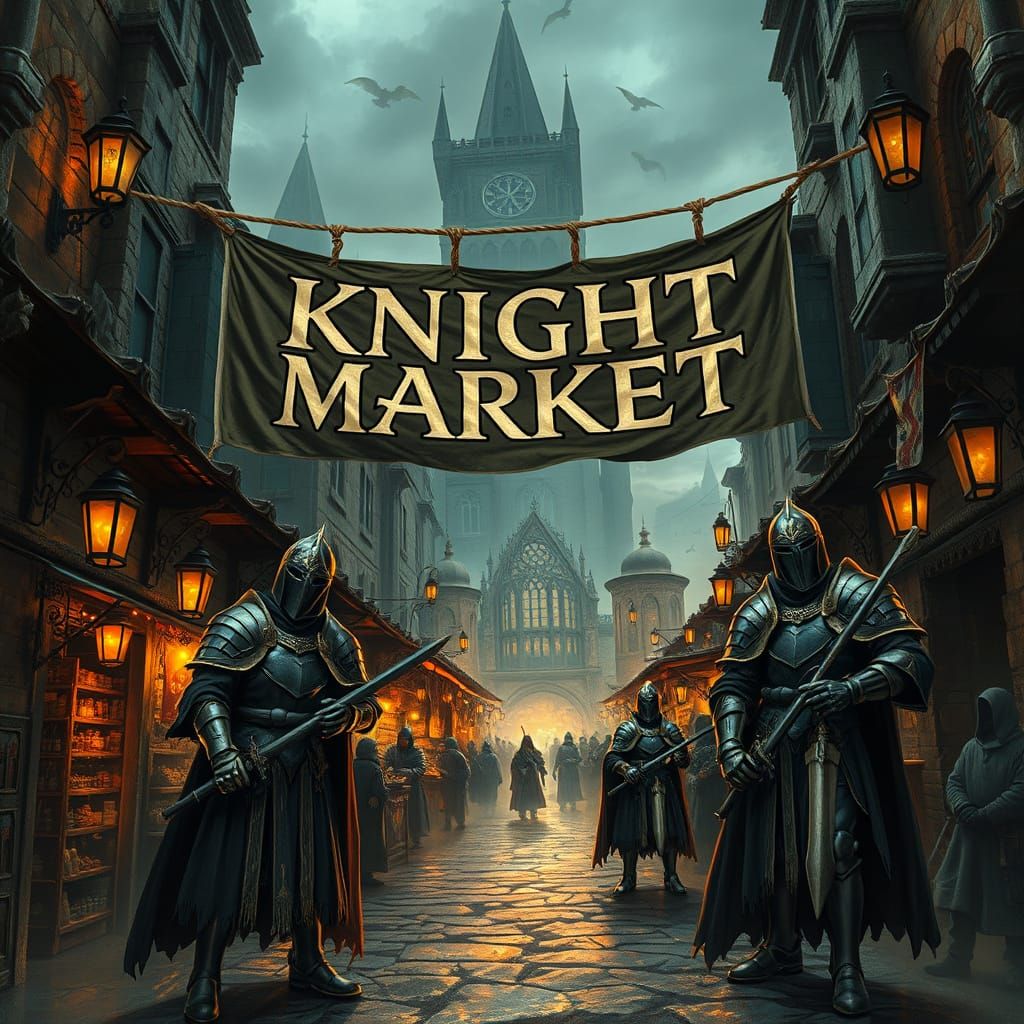 Gothic Knights Patrol a Twisted, Lantern-Lit Marke... - AI Art