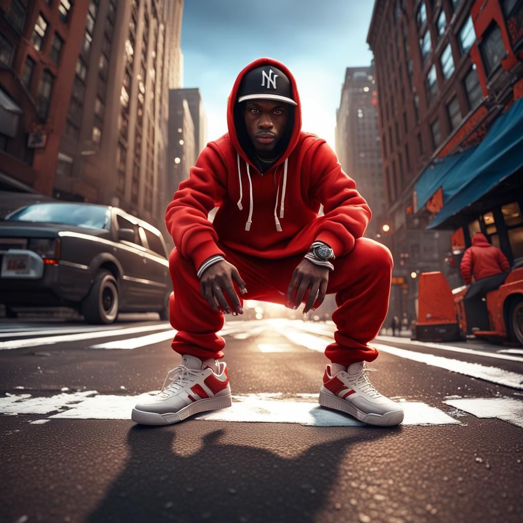 A hip hop breakdancer wearing a red tracksuit posing after a battle on ...