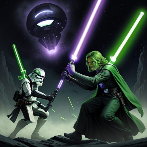 Jedi Knight Battles Empire Stormtrooper in Vibrant... - AI Art