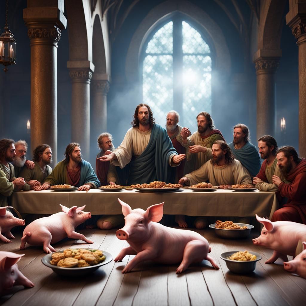 The last supper with Jesus and apostles as pig people with flying pigs ...