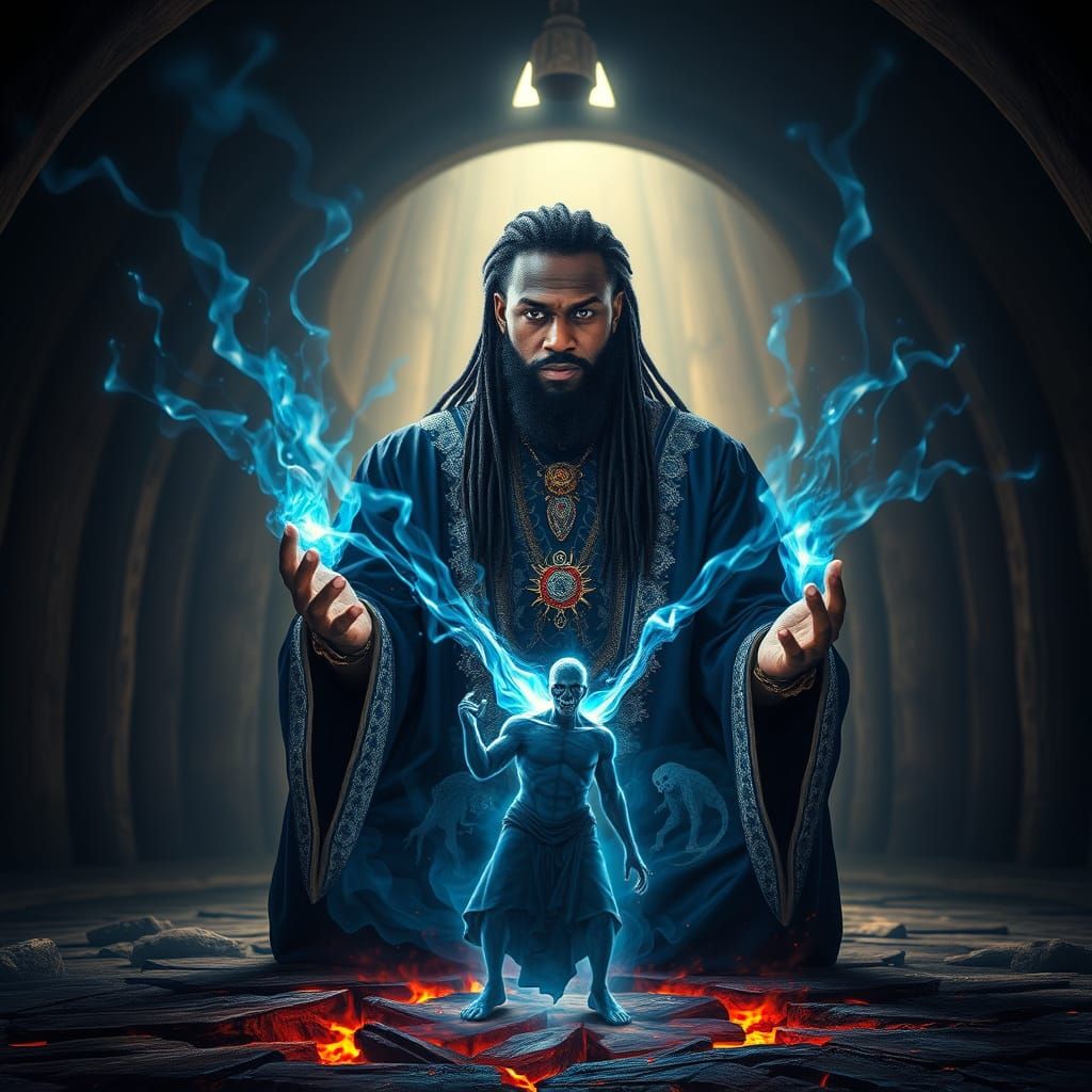 African Wizard in Traditional Robe Unleashes Magic... - AI Art