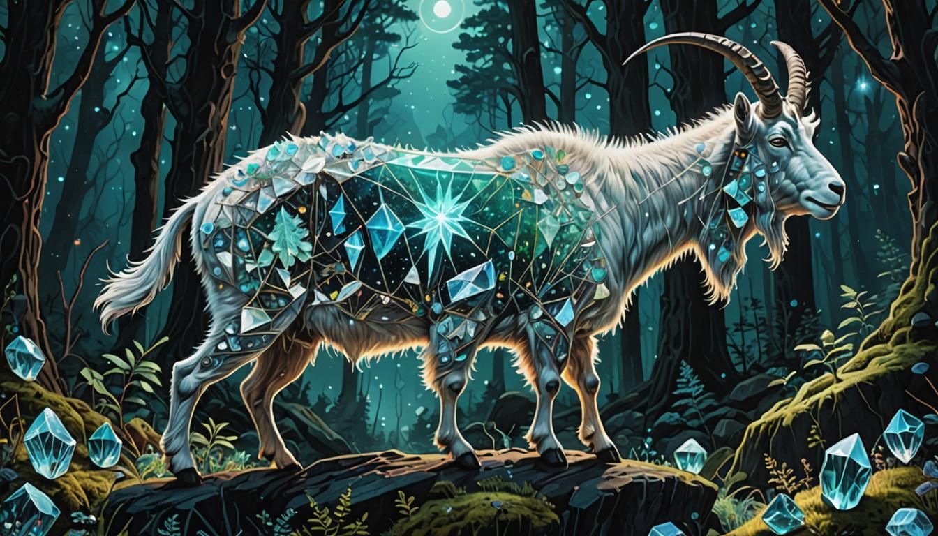mountain goat, spirit animal, crystals, forest scene, hyper-detailed ...