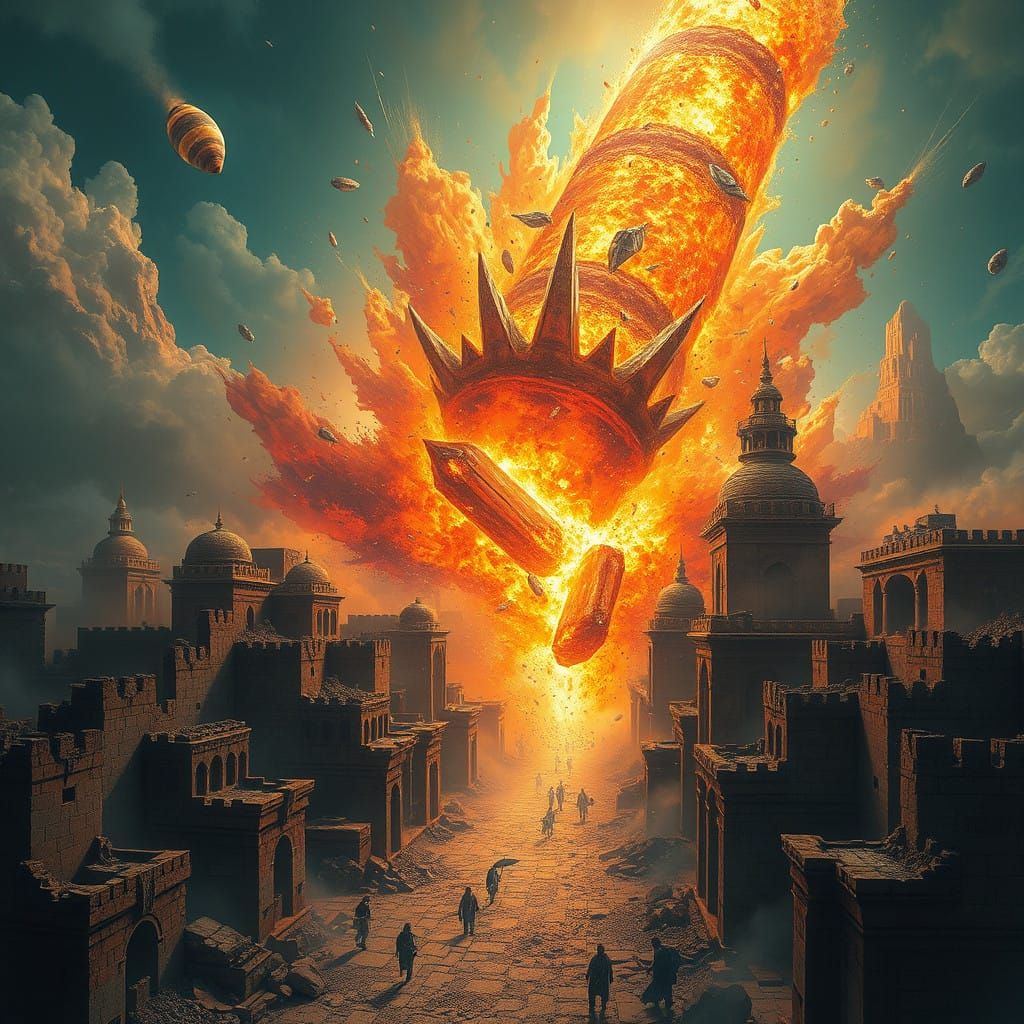 Ancient City in Apocalyptic Comet Explosion, Matte... - AI Art