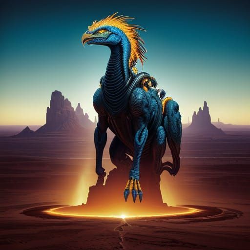 Electric Phoenix Alien Regally Sits on Rust-Red Ro... - AI Art