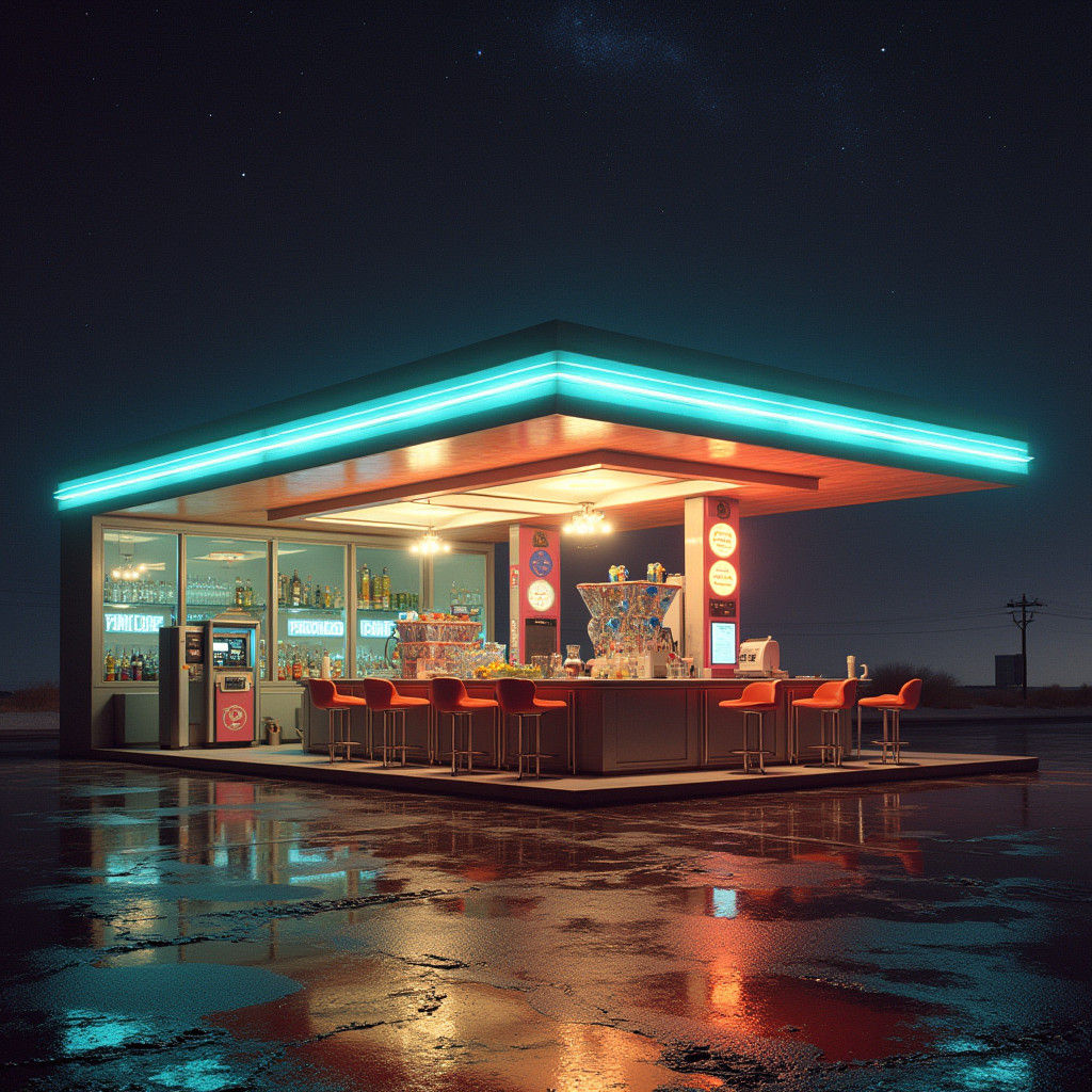 Cyberpunk Gas Station with Alien Neon and Futurist... - AI Art