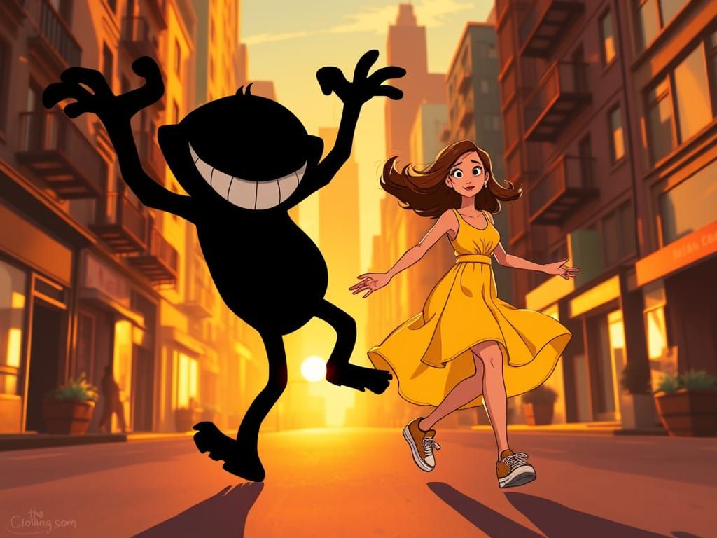 A playful shadow - Whimsical Cityscape with Silhouette Figur...