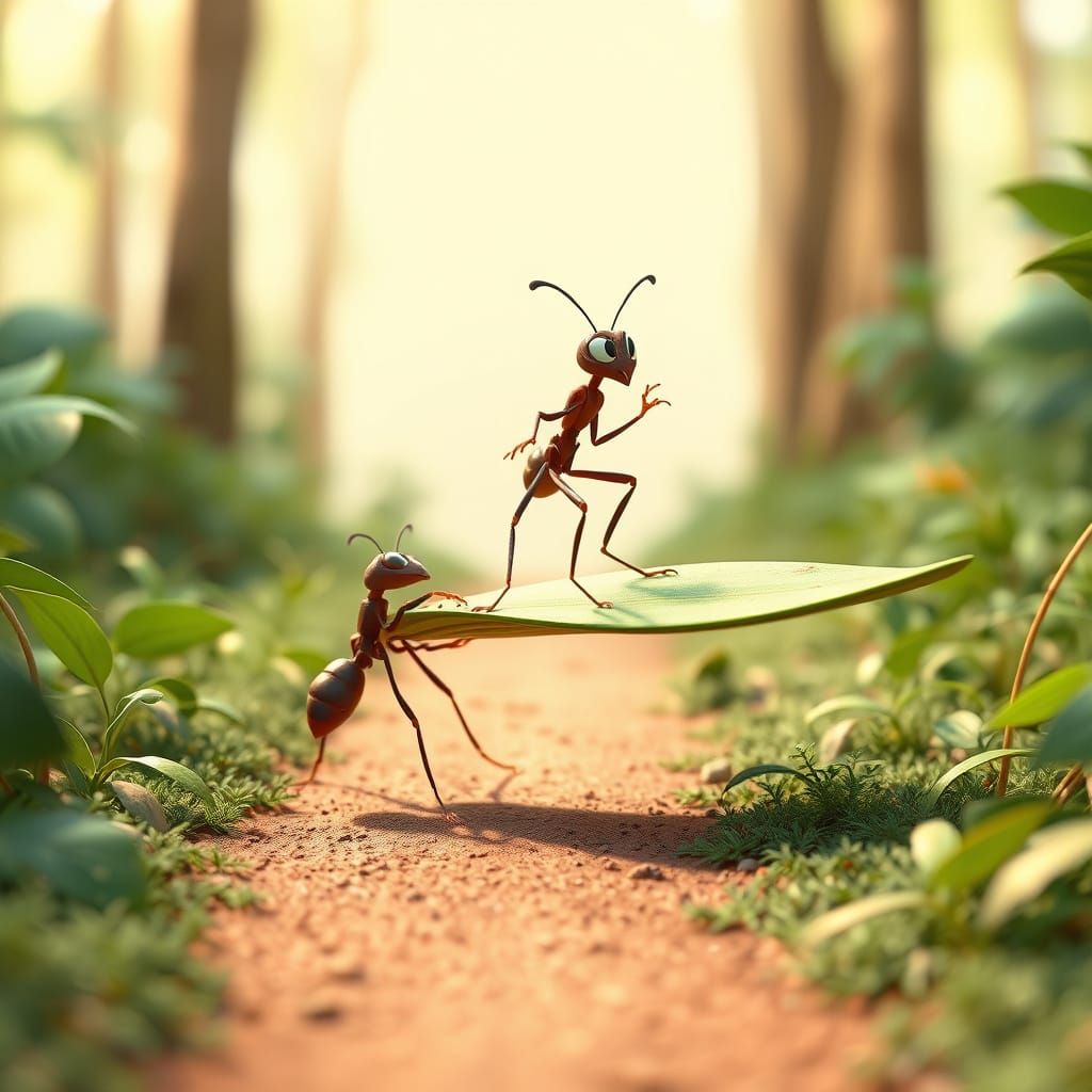 Surf's up, dude! - Ants Riding the Leafy Wave in a Vibrant F...