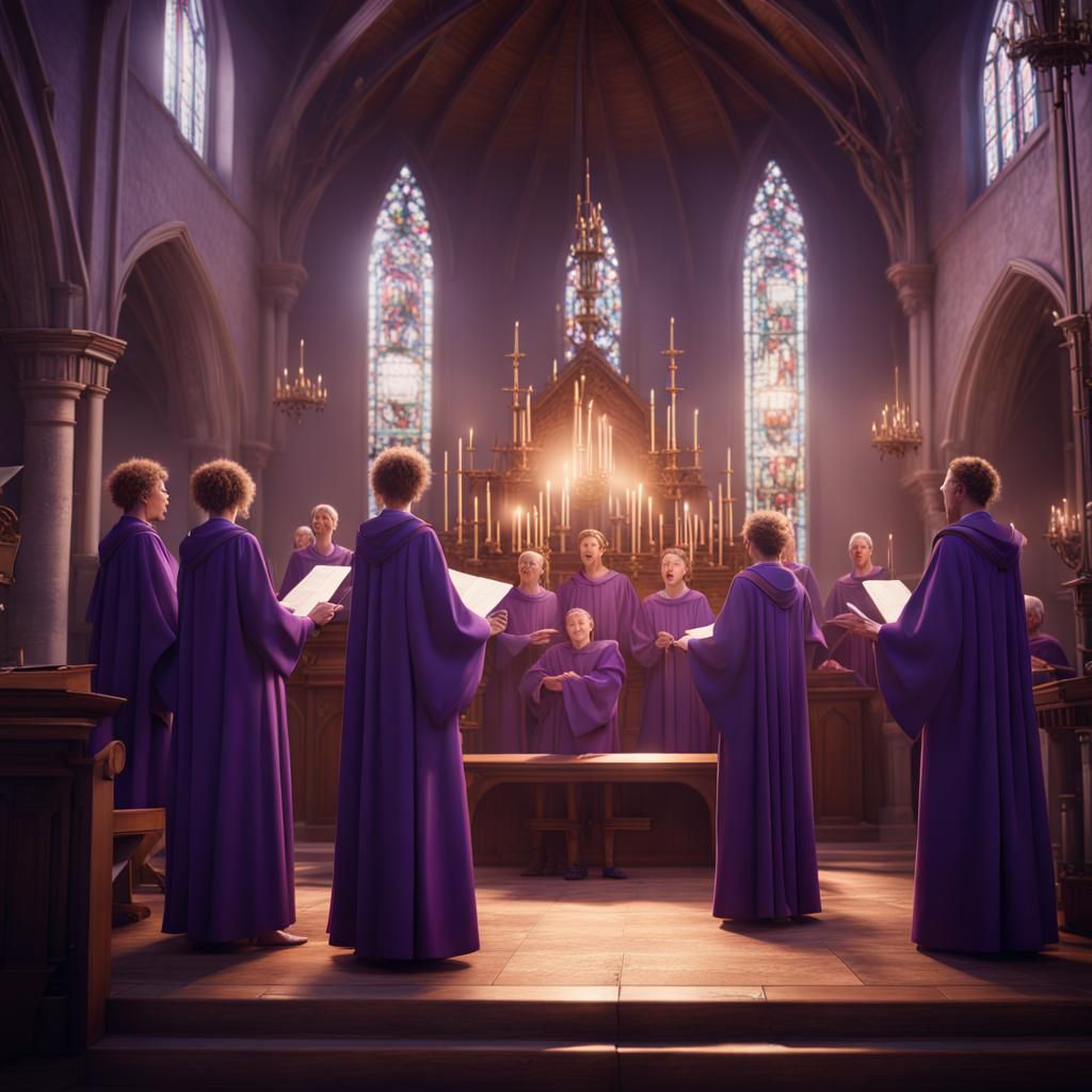 a choir singing in a simple church wearing purple choir robes. - AI ...