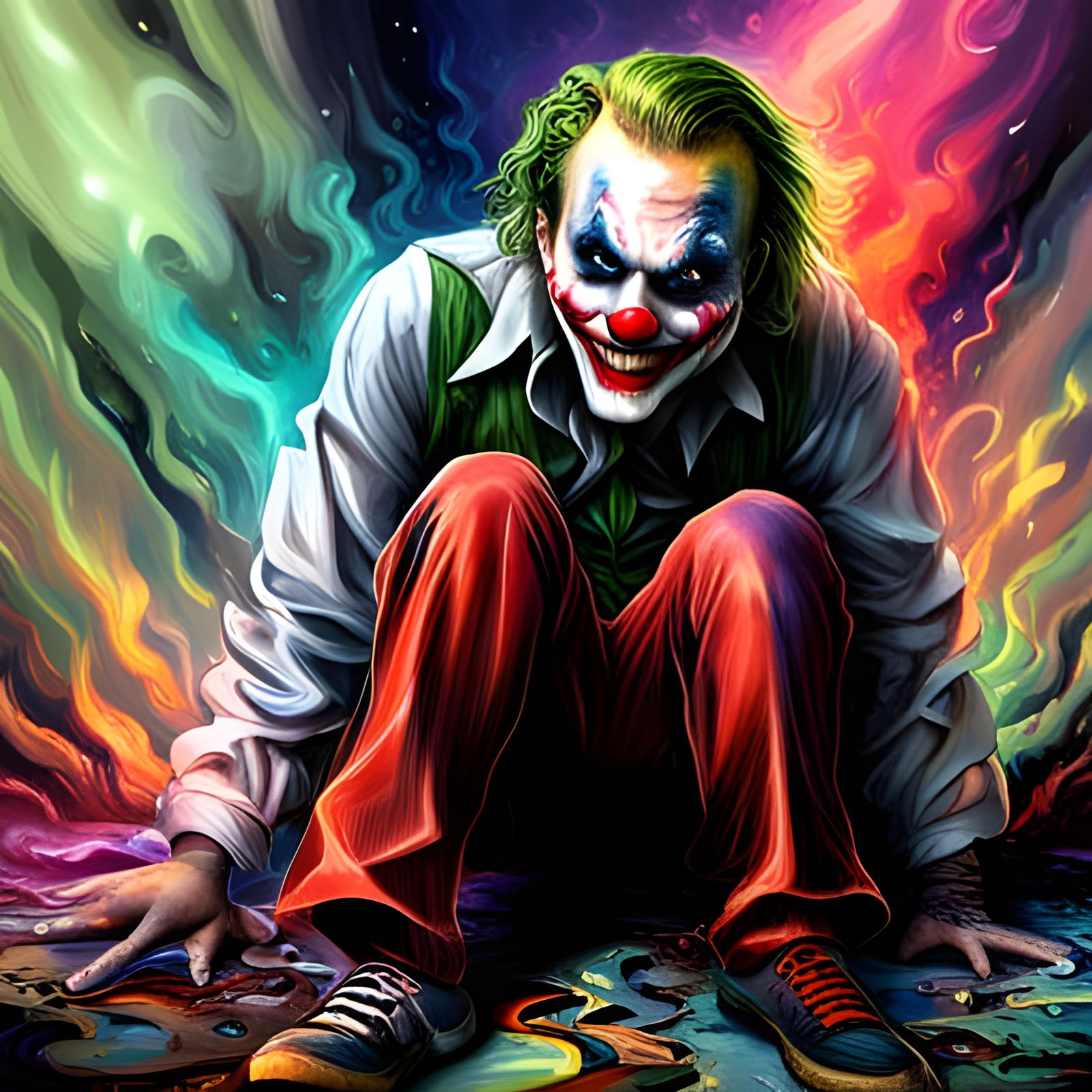 Heath ledger Clown Joker, laughing, exploding laser light, sitting on ...