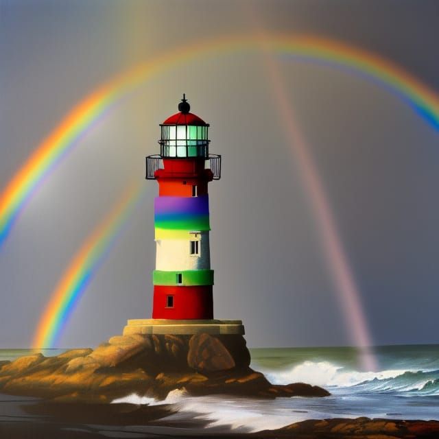 Imagine the oil painting ashore of a lighthouse projecting a rainbow on ...