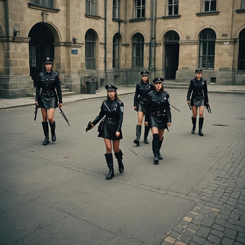 Six statuesque female prison guards wearing black leather uniform with ...