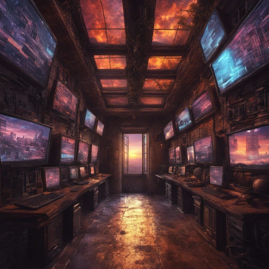 in door, medieval building, wall full of computer screens, fantasy ...
