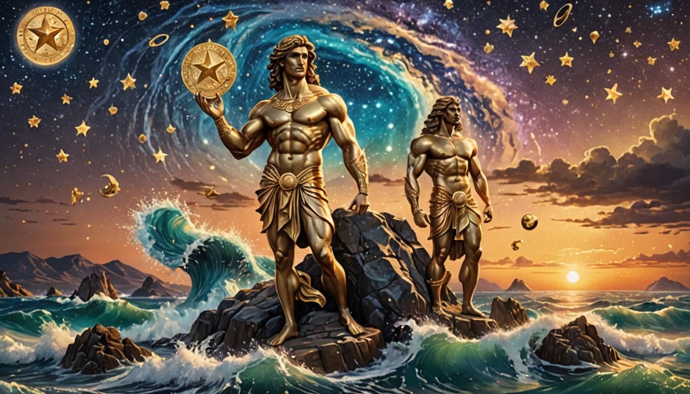 1 handsome young greek god holding all star signs symbols, standing on ...