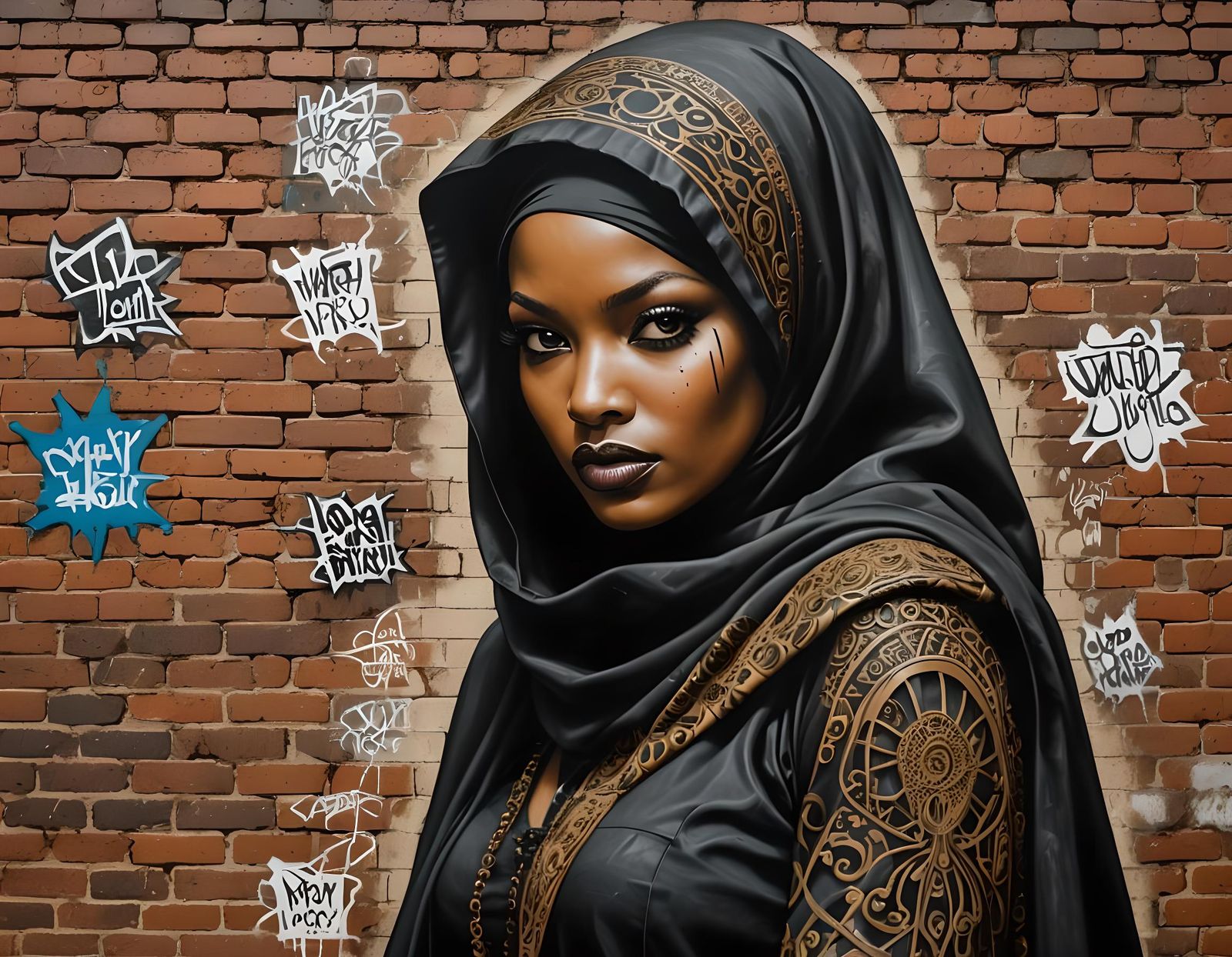graffiti art on a large brown bricks wall, pinup wearing a burka - AI ...