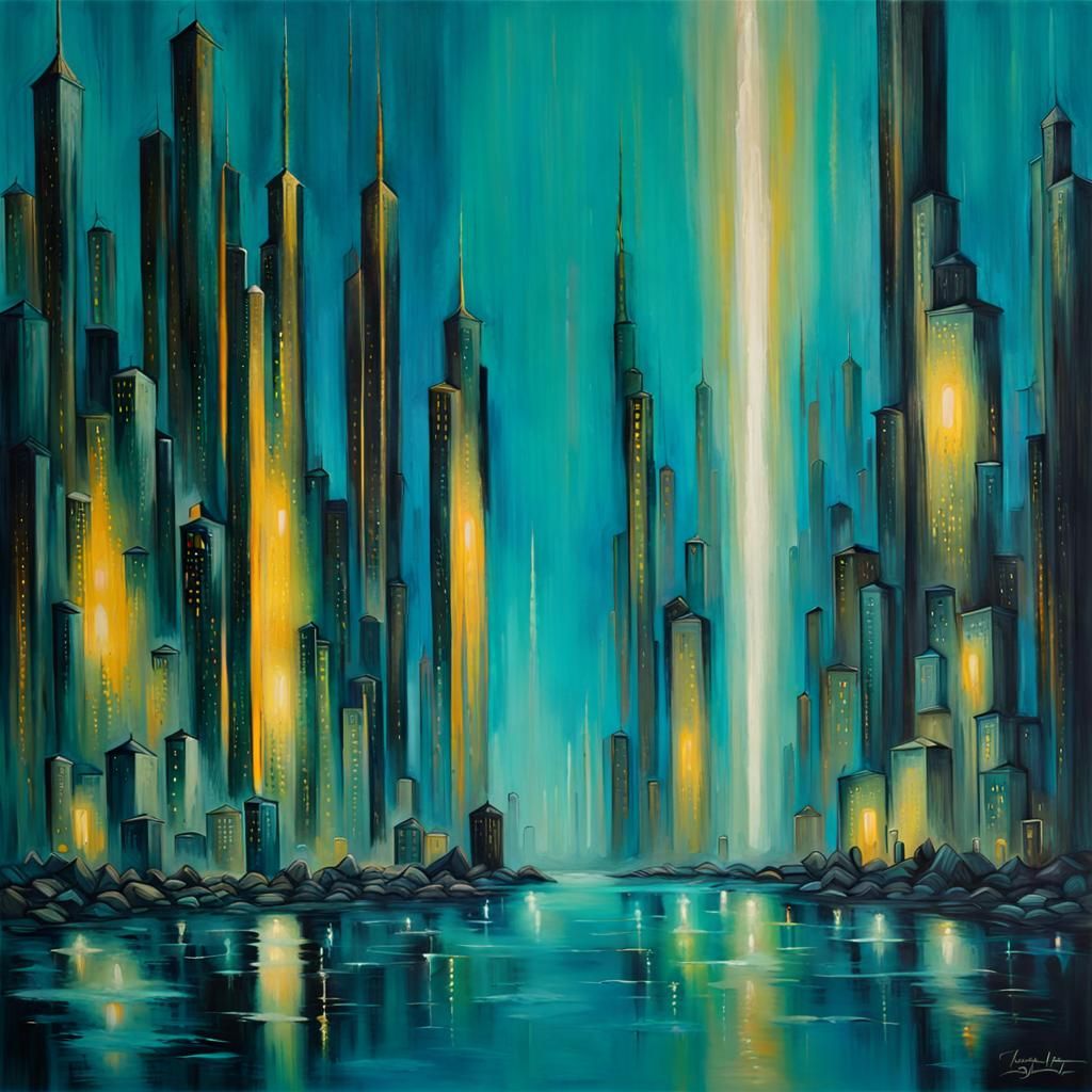 Abstract underwater cityscape, painted in a contemporary art style ...