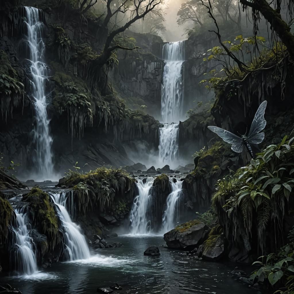 dark and malevolent beautiful riverscape. deep water, inky black, the ...