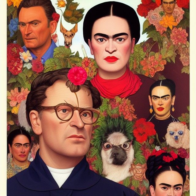 Nelson Rockefeller in the style of Frida kahlo, with ted bundy as a dog ...