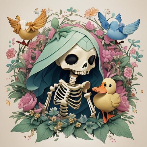 Whimsical Origami Duck Skeleton in Papercraft Styl... - AI Art