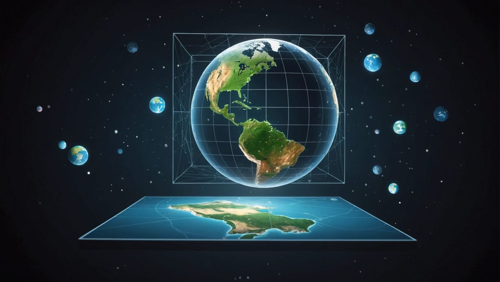 A holographic lantern projection floating in mid-air, displaying a map of a virtual world ...